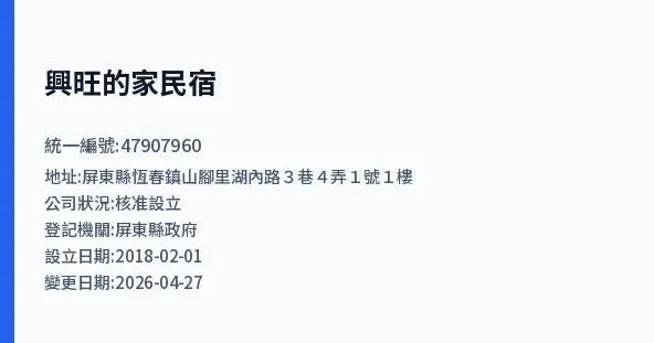 興旺的家民宿的照片-統編 47907960(屏東縣) 公司登記資料與營業項目詳細圖表