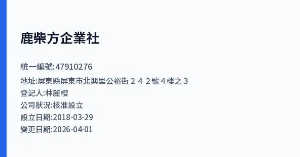 鹿柴方企業社的照片-統編 47910276(屏東縣) 公司登記資料與營業項目詳細圖表