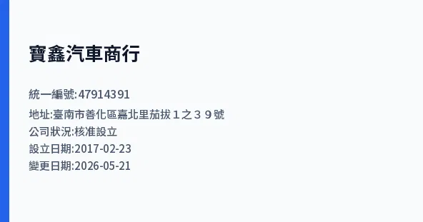 寶鑫汽車商行的照片-統編 47914391(臺南市) 公司登記資料與營業項目詳細圖表