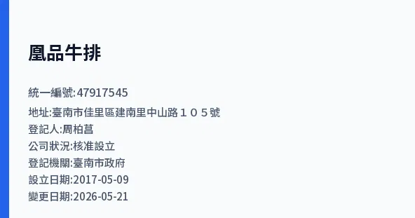 凰品牛排的照片-統編 47917545(臺南市) 公司登記資料與營業項目詳細圖表