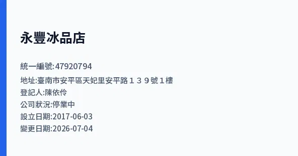 永豐冰品店的照片-統編 47920794(臺南市) 公司登記資料與營業項目詳細圖表