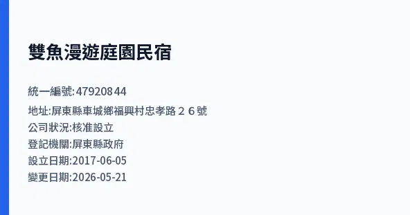 雙魚漫遊庭園民宿的照片-統編 47920844(屏東縣) 公司登記資料與營業項目詳細圖表