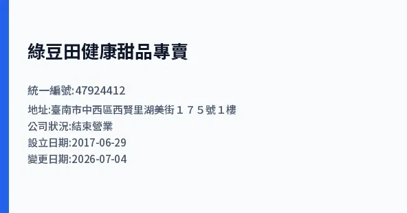 綠豆田健康甜品專賣的照片-統編 47924412(臺南市) 公司登記資料與營業項目詳細圖表