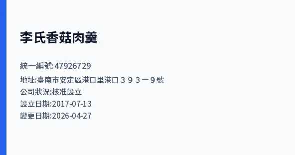 李氏香菇肉羹的照片-統編 47926729(臺南市) 公司登記資料與營業項目詳細圖表