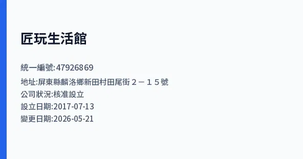 匠玩生活館的照片-統編 47926869(屏東縣) 公司登記資料與營業項目詳細圖表