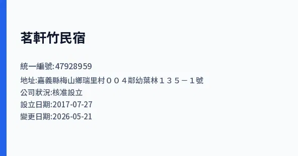 茗軒竹民宿的照片-統編 47928959(嘉義縣) 公司登記資料與營業項目詳細圖表