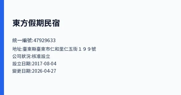 東方假期民宿的照片-統編 47929633(臺東縣) 公司登記資料與營業項目詳細圖表