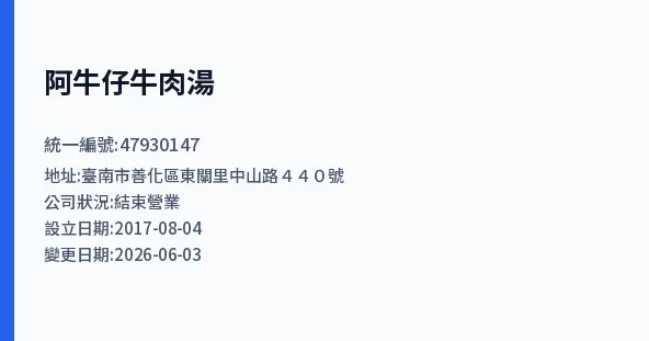 阿牛仔牛肉湯的照片-統編 47930147(臺南市) 公司登記資料與營業項目詳細圖表