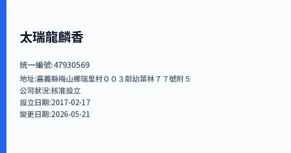 太瑞龍麟香的照片-統編 47930569(嘉義縣) 公司登記資料與營業項目詳細圖表