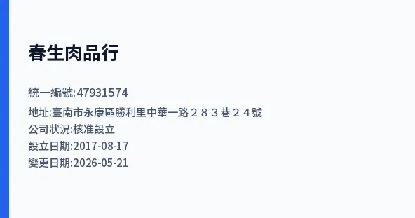 春生肉品行的照片-統編 47931574(臺南市) 公司登記資料與營業項目詳細圖表