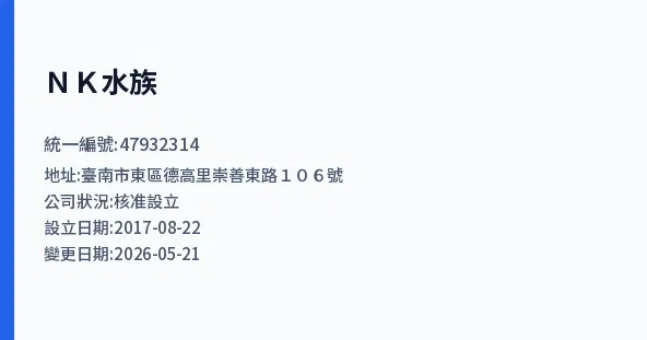 NK水族的照片-統編 47932314(臺南市) 公司登記資料與營業項目詳細圖表