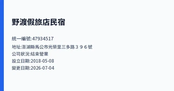 野渡假旅店民宿的照片-統編 47934517(澎湖縣) 公司登記資料與營業項目詳細圖表