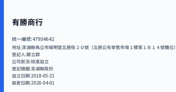 有勝商行的照片-統編 47934642(澎湖縣) 公司登記資料與營業項目詳細圖表