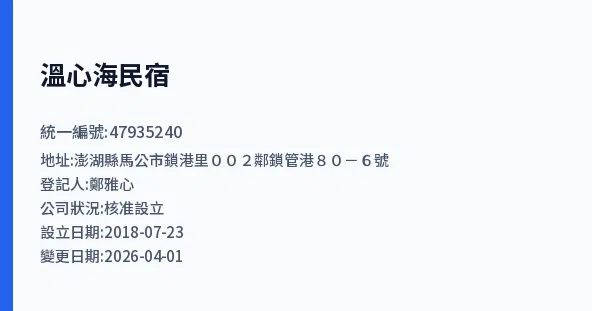 溫心海民宿的照片-統編 47935240(澎湖縣) 公司登記資料與營業項目詳細圖表