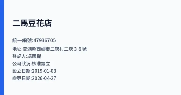 二馬豆花店的照片-統編 47936705(澎湖縣) 公司登記資料與營業項目詳細圖表