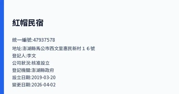 紅帽民宿的照片-統編 47937578(澎湖縣) 公司登記資料與營業項目詳細圖表