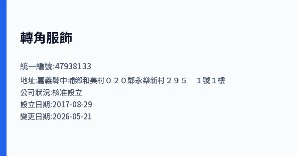 轉角服飾的照片-統編 47938133(嘉義縣) 公司登記資料與營業項目詳細圖表