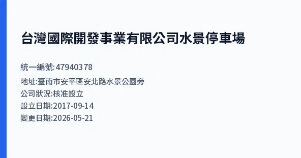 台灣國際開發事業有限公司水景停車場的照片-統編 47940378(臺南市) 公司登記資料與營業項目詳細圖表
