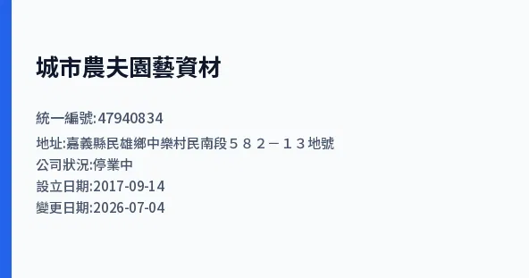 城市農夫園藝資材的照片-統編 47940834(嘉義縣) 公司登記資料與營業項目詳細圖表