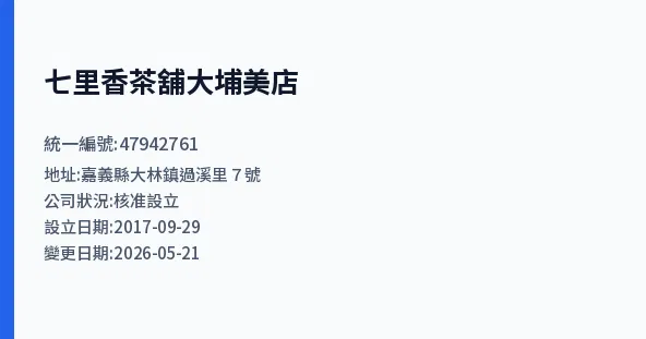 七里香茶舖大埔美店的照片-統編 47942761(嘉義縣) 公司登記資料與營業項目詳細圖表