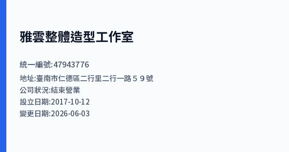 雅雲整體造型工作室的照片-統編 47943776(臺南市) 公司登記資料與營業項目詳細圖表