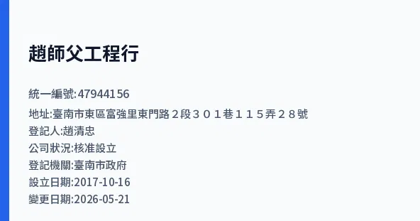 趙師父工程行的照片-統編 47944156(臺南市) 公司登記資料與營業項目詳細圖表
