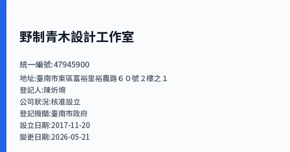 野制青木設計工作室的照片-統編 47945900(臺南市) 公司登記資料與營業項目詳細圖表