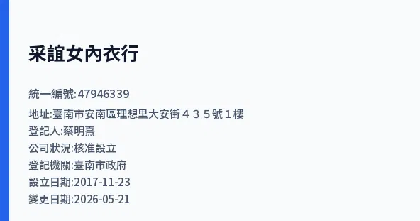采誼女內衣行的照片-統編 47946339(臺南市) 公司登記資料與營業項目詳細圖表