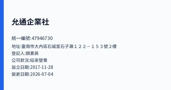 允通企業社的照片-統編 47946730(臺南市) 公司登記資料與營業項目詳細圖表