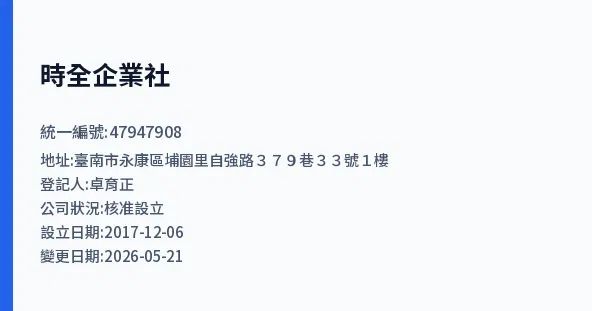 時全企業社的照片-統編 47947908(臺南市) 公司登記資料與營業項目詳細圖表