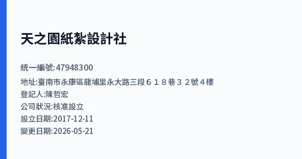 天之園紙紮設計社的照片-統編 47948300(臺南市) 公司登記資料與營業項目詳細圖表