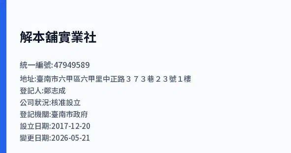 解本舖實業社的照片-統編 47949589(臺南市) 公司登記資料與營業項目詳細圖表