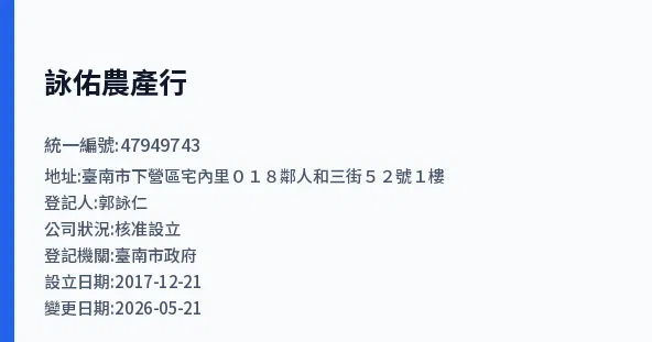 詠佑農產行的照片-統編 47949743(臺南市) 公司登記資料與營業項目詳細圖表