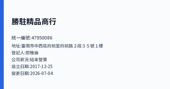 勝駐精品商行的照片-統編 47950086(臺南市) 公司登記資料與營業項目詳細圖表