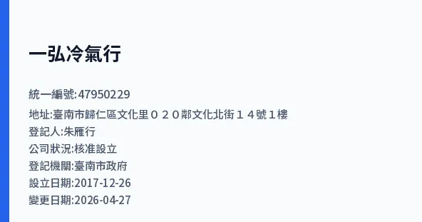 一弘冷氣行的照片-統編 47950229(臺南市) 公司登記資料與營業項目詳細圖表