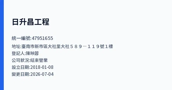 日升昌工程的照片-統編 47951655(臺南市) 公司登記資料與營業項目詳細圖表
