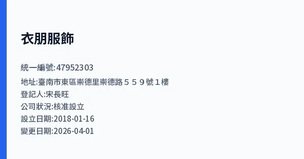 衣朋服飾的照片-統編 47952303(臺南市) 公司登記資料與營業項目詳細圖表