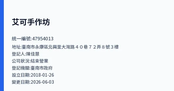 艾可手作坊的照片-統編 47954013(臺南市) 公司登記資料與營業項目詳細圖表