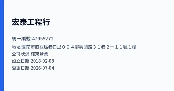宏泰工程行的照片-統編 47955272(臺南市) 公司登記資料與營業項目詳細圖表