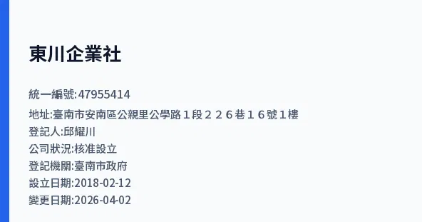 東川企業社的照片-統編 47955414(臺南市) 公司登記資料與營業項目詳細圖表
