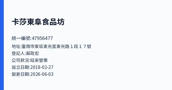 卡莎東阜食品坊的照片-統編 47956477(臺南市) 公司登記資料與營業項目詳細圖表