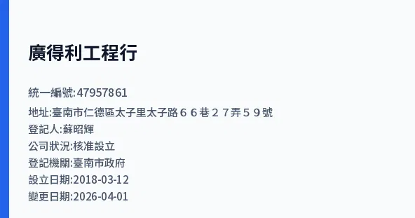 廣得利工程行的照片-統編 47957861(臺南市) 公司登記資料與營業項目詳細圖表