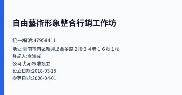自由藝術形象整合行銷工作坊的照片-統編 47958411(臺南市) 公司登記資料與營業項目詳細圖表