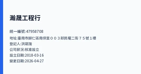 瀚晟工程行的照片-統編 47958708(臺南市) 公司登記資料與營業項目詳細圖表
