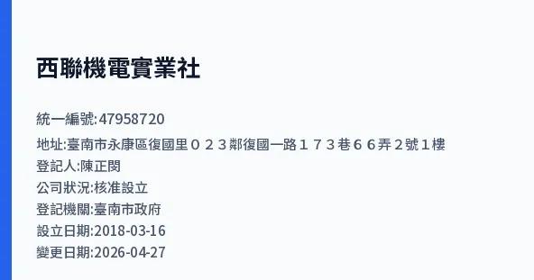 西聯機電實業社的照片-統編 47958720(臺南市) 公司登記資料與營業項目詳細圖表