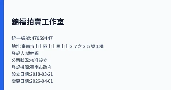錦福拍賣工作室的照片-統編 47959447(臺南市) 公司登記資料與營業項目詳細圖表