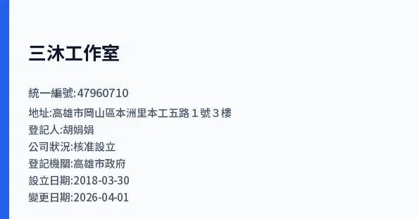 三沐工作室的照片-統編 47960710(高雄市) 公司登記資料與營業項目詳細圖表