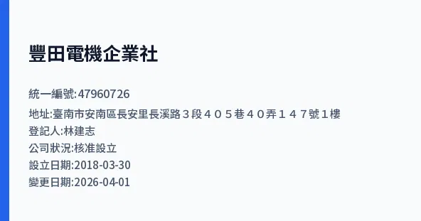 豐田電機企業社的照片-統編 47960726(臺南市) 公司登記資料與營業項目詳細圖表