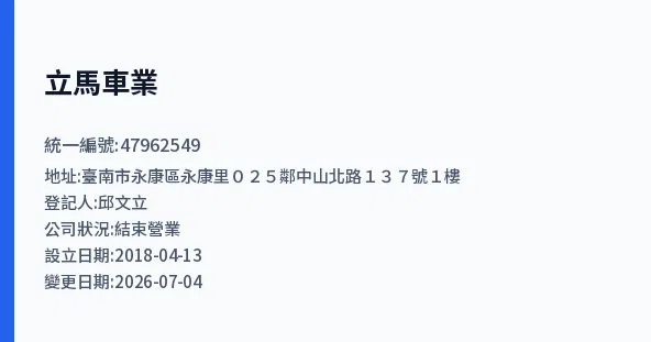 立馬車業的照片-統編 47962549(臺南市) 公司登記資料與營業項目詳細圖表