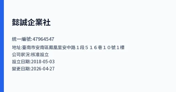 懿誠企業社的照片-統編 47964547(臺南市) 公司登記資料與營業項目詳細圖表